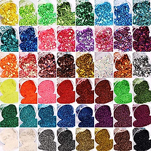 48 Boxes Glitter Set, 24 Boxes 5g Fine Glitter&24 Boxes Holographic Chunky Glitter Sequins, Iridescent Glitter Flakes for Nail Art,Eyeshadow,Cosmetic,Makeup. Body Face Glitter for Festival, Halloween