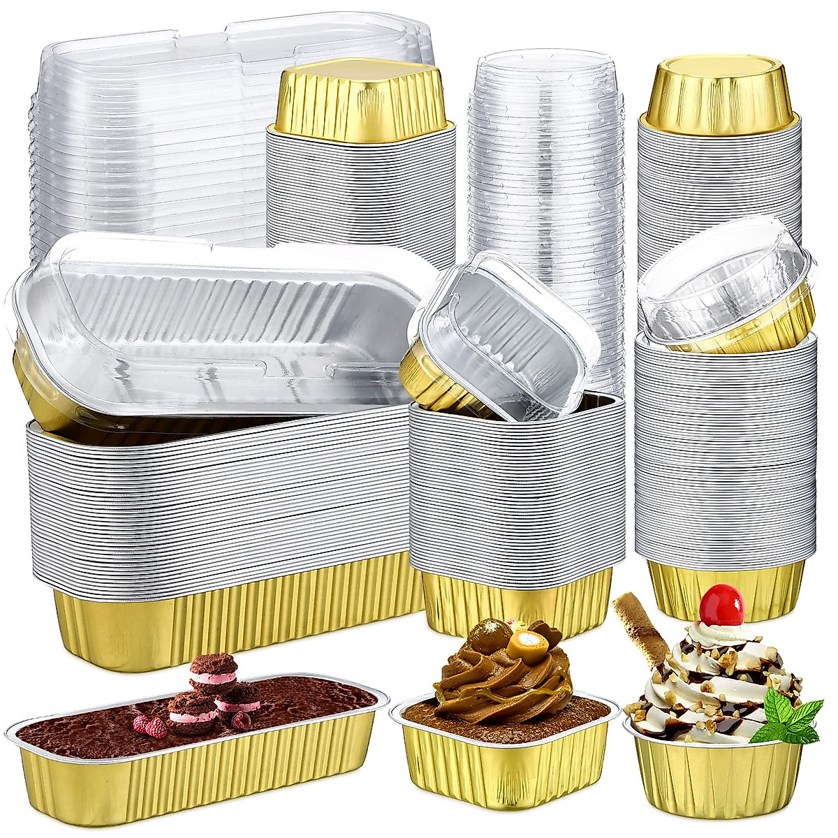 120 Sets 3 Shapes Disposable Mini Aluminum Foil Baking Cups With Lids, 5oz Mini Loaf Pans, 5oz Square Baking Cups, 7oz Muffin Tins, Dessert Cups With Lids for Bread Muffin Brownie Cheesecake