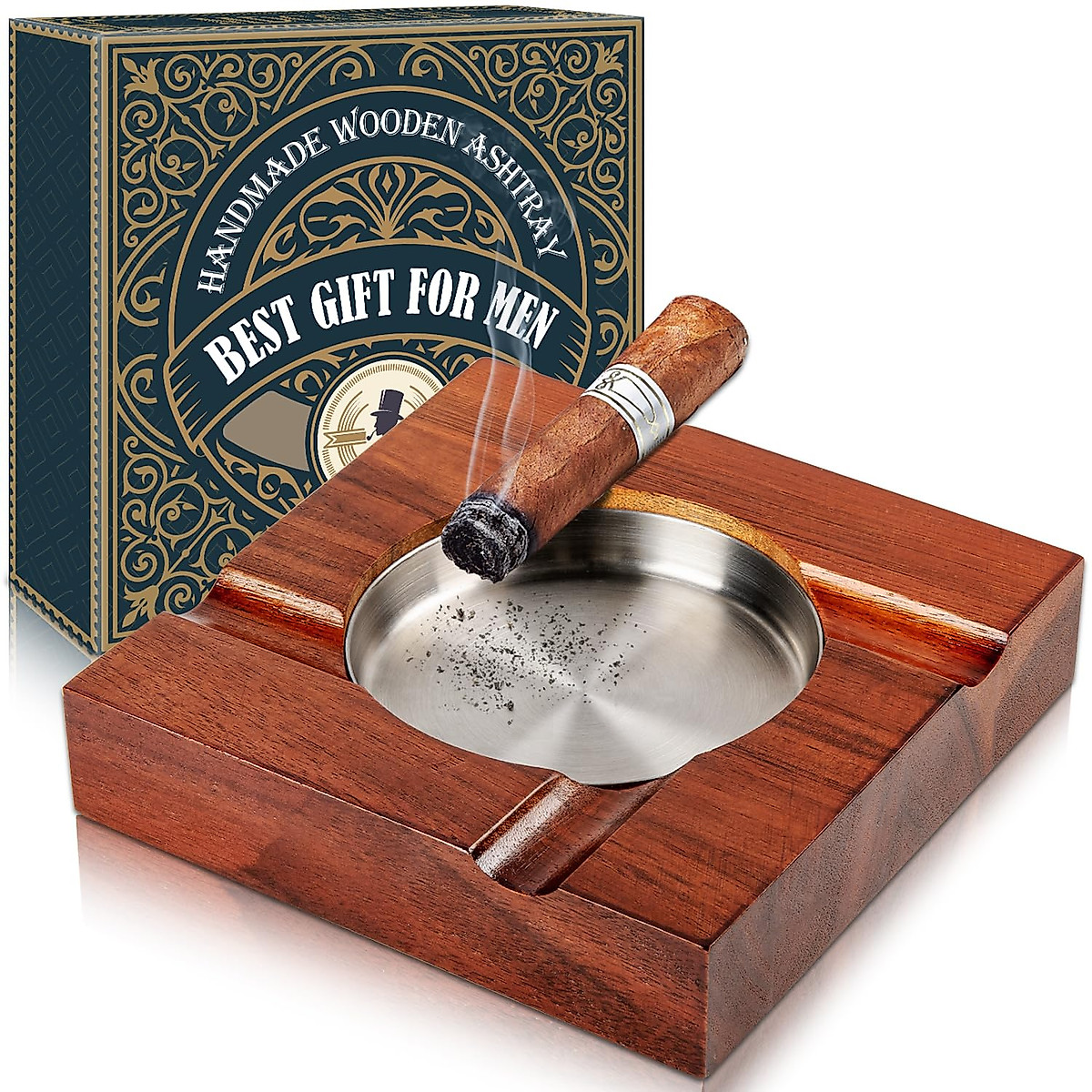 Wood Cigar Ashtray Cigar Accessories Cigarettes Ashtrays for Indoor Outdoor Patio Home Office Use Square Wooden Brown Cigar Ash Tray Cigar Gift Sets for Men with GIFT BOX (Classic)
