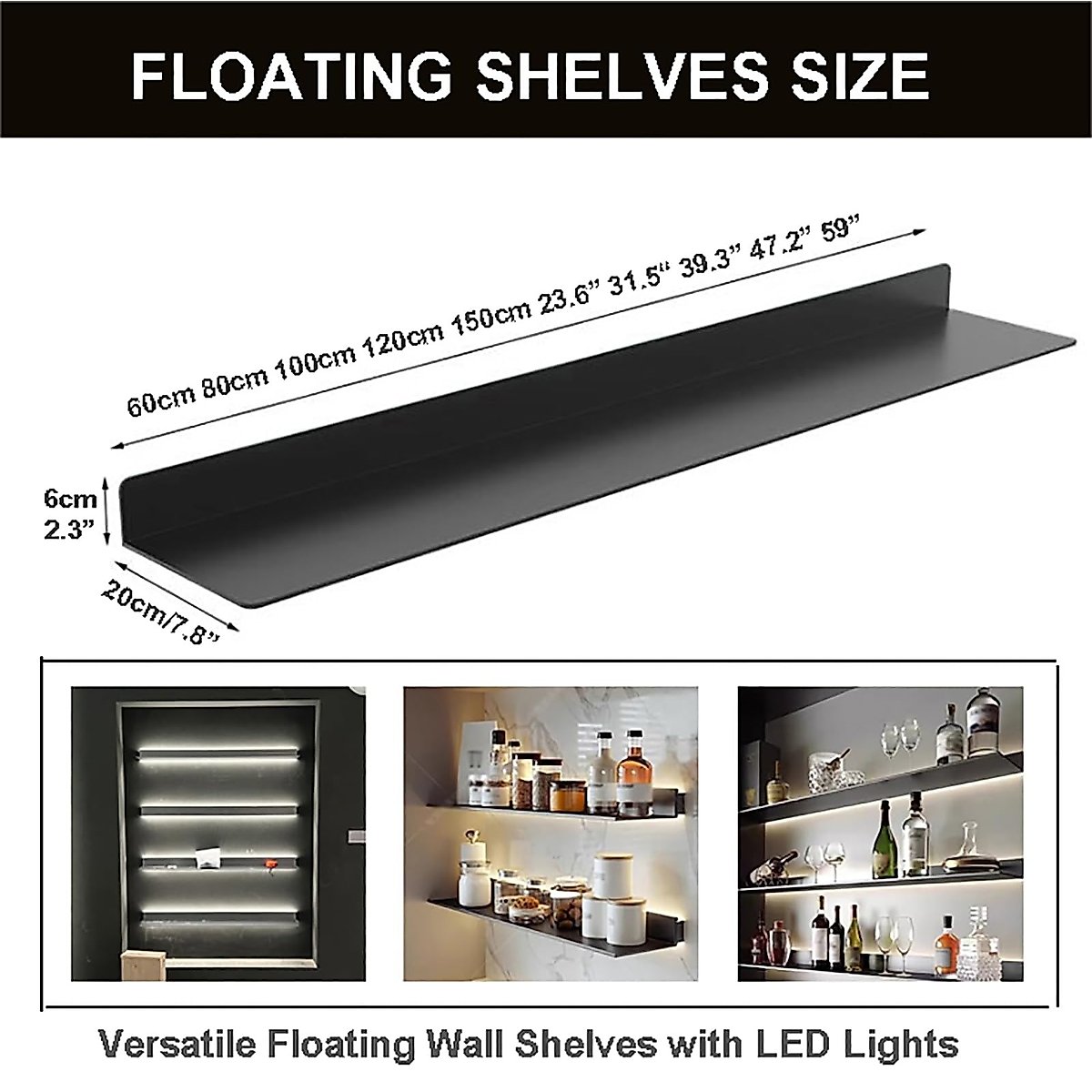 SUZEPER Floating Shelves with Led Lights,floating Display Shelf with Built-in Illuminated Led Light,metal Wall Mounted Shelves Set of 2,hanging Display Rack Wall Shelf for Livingroom Kitchen Bathroom