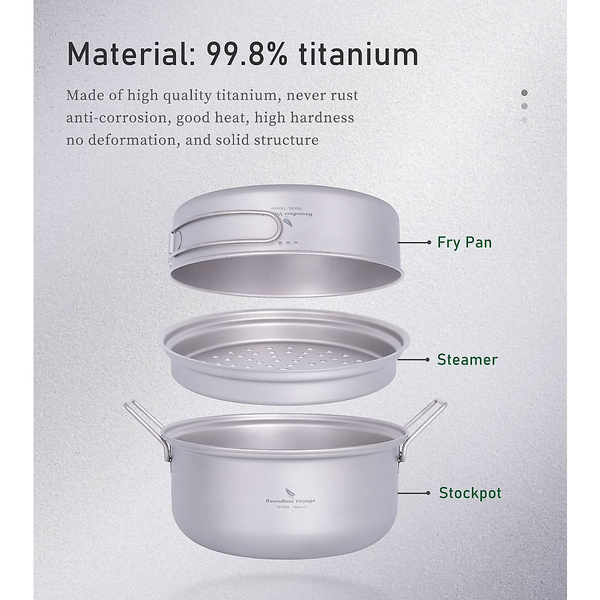 iBasingo 1.8L Titanium Steamer Stockpot Frying Pan Set Ultralight Outdoor Camping Pot Pan Set Portable Campfire Soup Hot Pot Cookware Backpacking Household Kitchen Cooking Kit Ti2101C