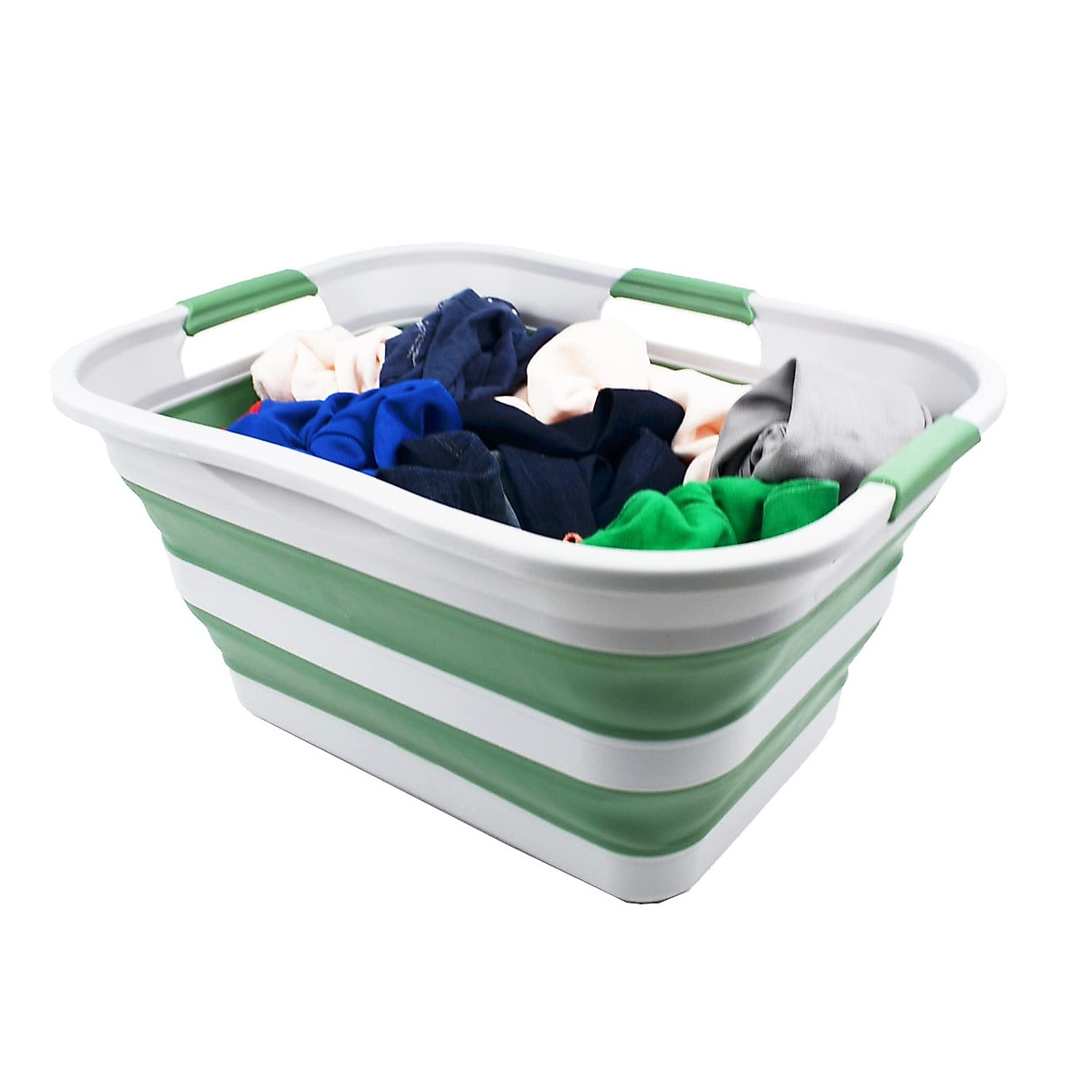 SAMMART 30L(8 gallon) Collapsible Plastic Laundry Basket-Foldable Pop Up Storage Container/Organizer-Portable Washing Tub-Water capacity: 24L(6.3 gallon) (Grey/Dark Sea Green (Set of 2))