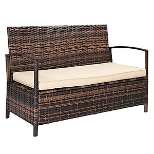 VINGLI 40 Gallon Outdoor Bench with Storage, Wicker Deck Box, Rattan Outdoor Storage Box, Patio Sofa Storage Bench with Cushion for Porch, Yard, Lawn, Garden (Brown)