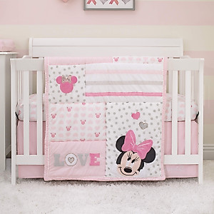 Disney Minnie Mouse Love to Love 3 Piece Nursery Crib Bedding Set, Pink/Grey/White/Rosegold
