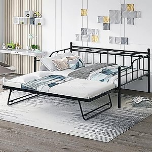 SYING88 Full Size Daybed with Trundle Heavy-Duty Metal Day Bed Frame Portable Folding Trundle with Twin Size Adjustable Trundle Beds for Living Room Bedroom Kids Teens Adults (Black)