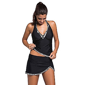 REKITA Womens Swimsuit Halter Tankini Top and Skort Bottom Set Bathing Suits