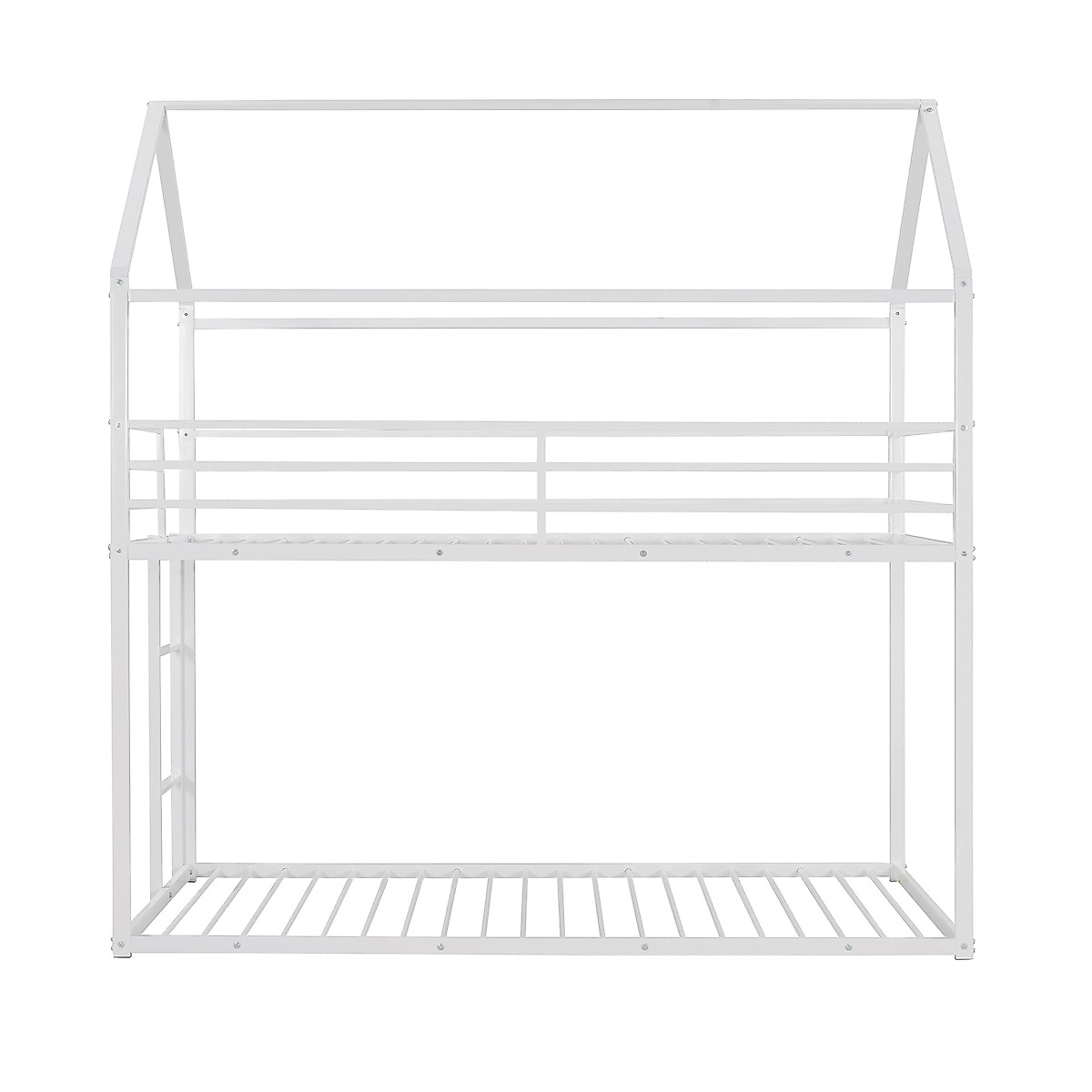 Merax Twin Over Twin House Bunk Bed, Metal Bed Frame Bunk Beds with Roof and Built-in Ladder, No Box Spring Needed, White