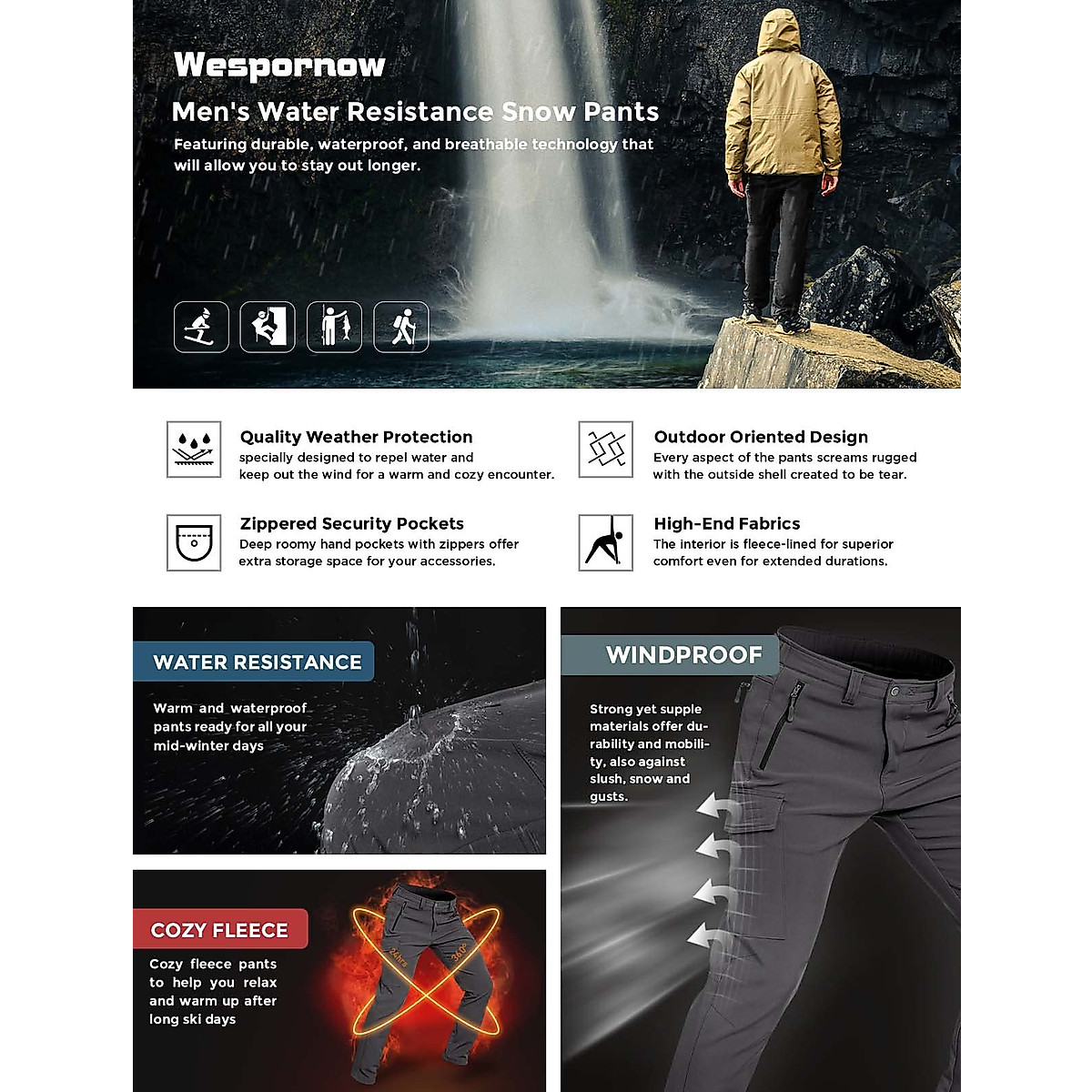 Wespornow Men's-Fleece-Lined-Hiking-Pants Water-Resistance-Snow-Ski-Pants Softshell Snowboarding Pants for Winter, Skiing, Outdoor (Grey, X-Large)