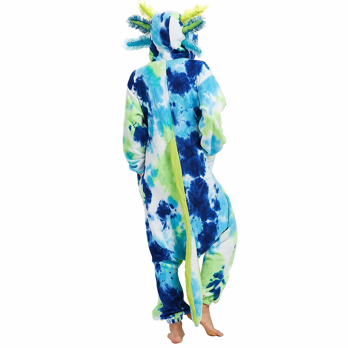 DELEY Unisex Tie Dye Green Axolotl Onesie Adult Halloween Pajamas Cosplay Animal Costume Plush Homewear Sleepwear Jumpsuit