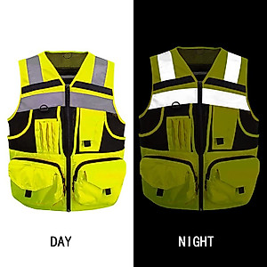 ZUJA 3M Reflective stripes Safety Vest Hi-vis Yellow knitted Vest with 10 pockets Bright Construction Workwear for men and women. (Medium)