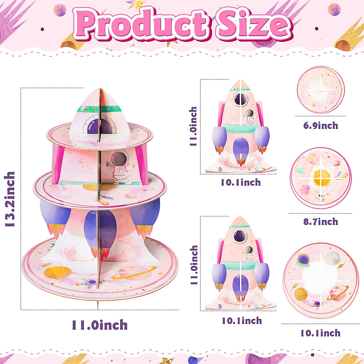 ANGOLIO 3 Tier Watercolour Outer Space Cupcake Stand Outer Space Party Supplies Cake Stand for Kids Birthday Party Decorations Space Theme Dessert Tower Party Baby Shower Birthday Party Supplies