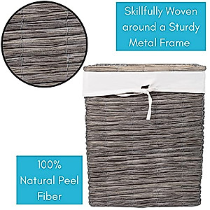 BirdRock Home Rustic Woven Wood Peel Laundry Hamper with Lid - Thin Weave Laundry Basket - Removable Liner - Dirty Clothes Storage Bin - Grey