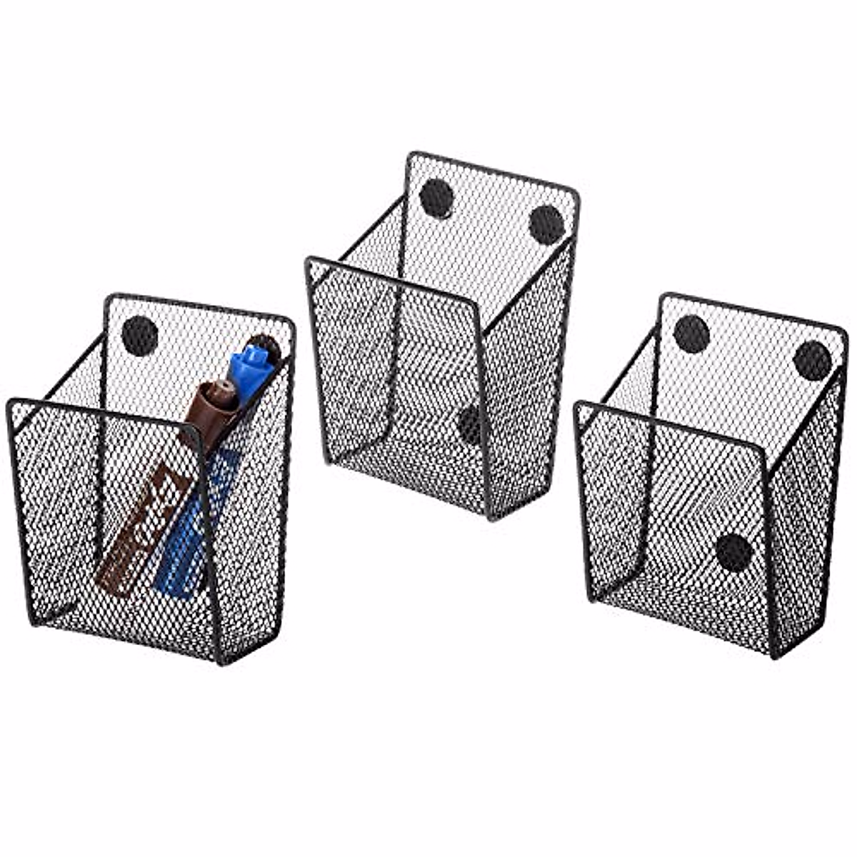 MyGift Black Metal Mesh Magnetic Office Supplies Pen Pencil and Marker Holder, Whiteboard Accesories Storage Basket, School Locker Organizer Accessory Pencil Cup, Set of 3