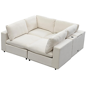 kevinplus 106'' Modular Sectional Sofa Couch for Living Room, Modern Upholstered 4-Seat Sofa Couch L-Shape with USB Charge Port & Wireless Charging & Built-in Bluetooth Speaker in Arm, Beige