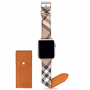Designer Band Compatible with Apple Watch 41mm 40mm 38mm, Luxury Beige Plaid Elements Soft Leather iWatch Band with Classic Firmly Buckle for iWatch Series9/8/7/6/5/4/3/2/1/SE for Women/Man