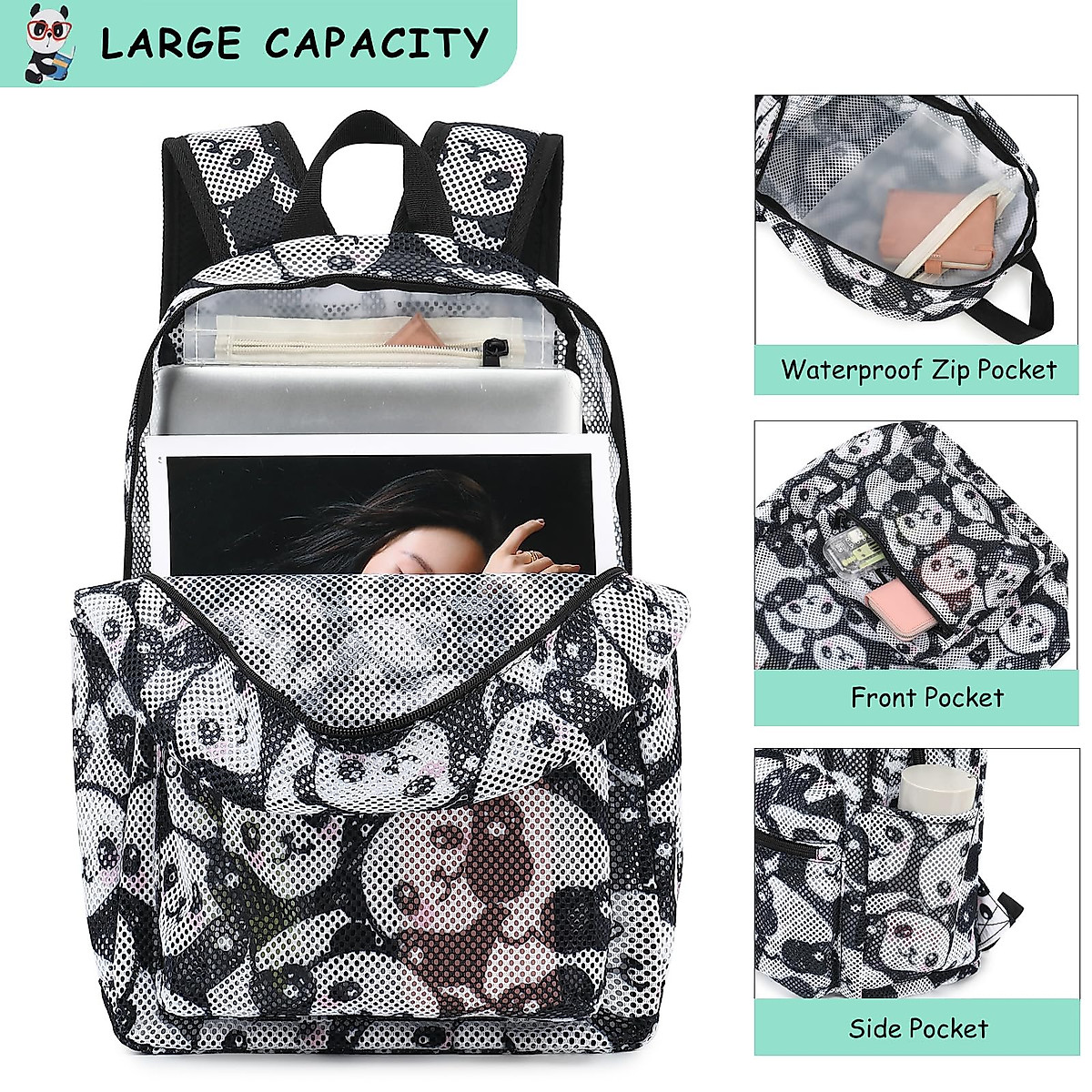 Fuyicat Panda Mesh Backpack for Women Girls, Semi-Transparent School Bag Bookbag See Through Beach Bags for Kids Adults