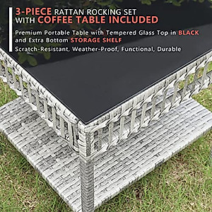 VEIKOU Patio Furniture Set Rocking Bistro Set, 3 Pc Outdoor Wicker w/Upgraded 3'' Thicken Cushion, Rattan Chair Conversation Sets with Glass Coffee Table, Grey/Black