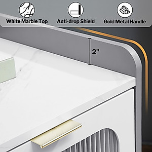 SICOTAS Night Stand with 2 Drawers, Modern Wood Nightstand Fluted Tempered Glass Marble Bed Side Table with Storage Large End Tables with Gold Legs for Bedroom Living Room, White and Grey