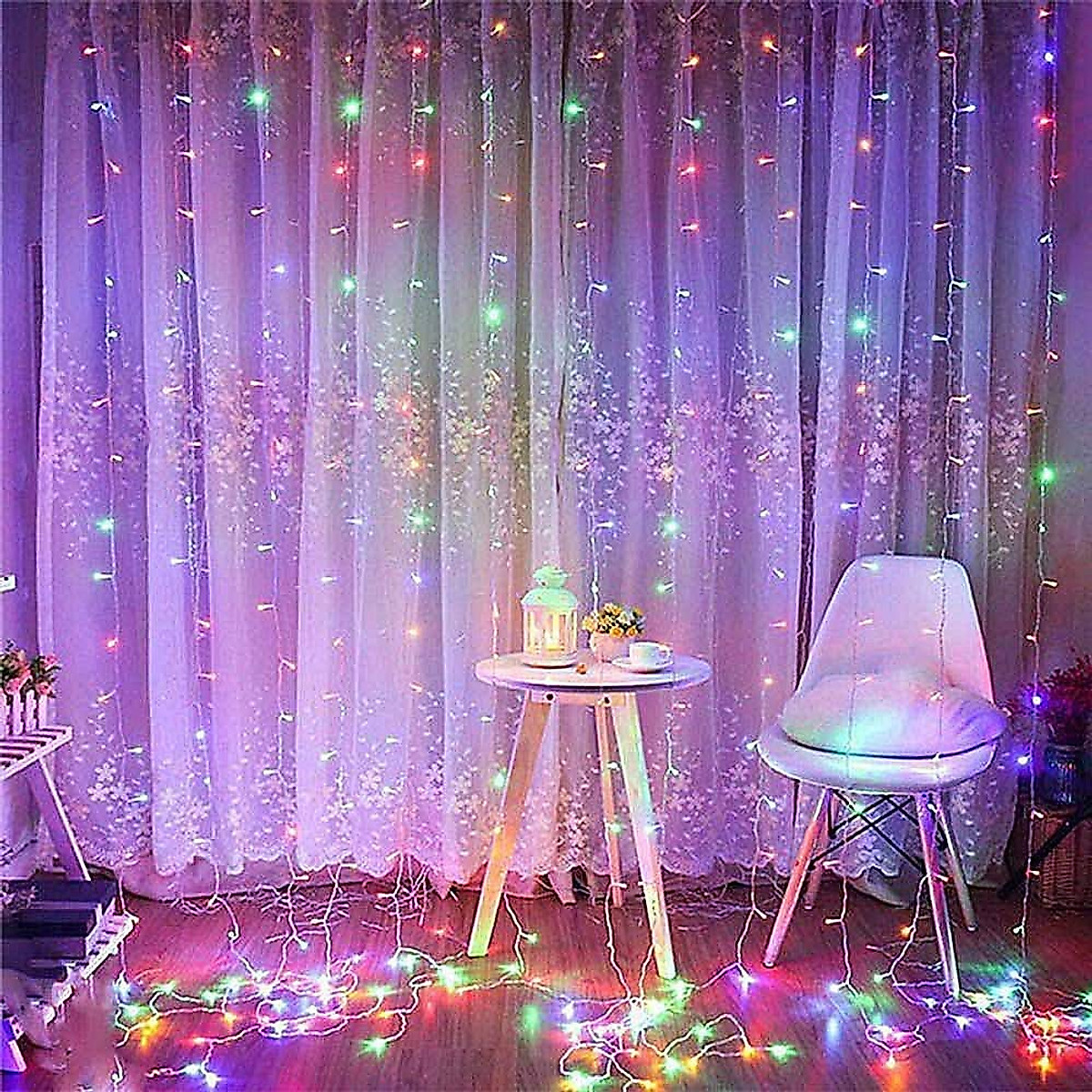 Solar Curtain String Lights Outdoor, AMZSTAR Waterproof 300LED Fairy Window String Lights Twinkle Solar Lights 8 Modes Wedding Party Home Garden Bedroom Outdoor Indoor Wall Decorations (Multicolor)