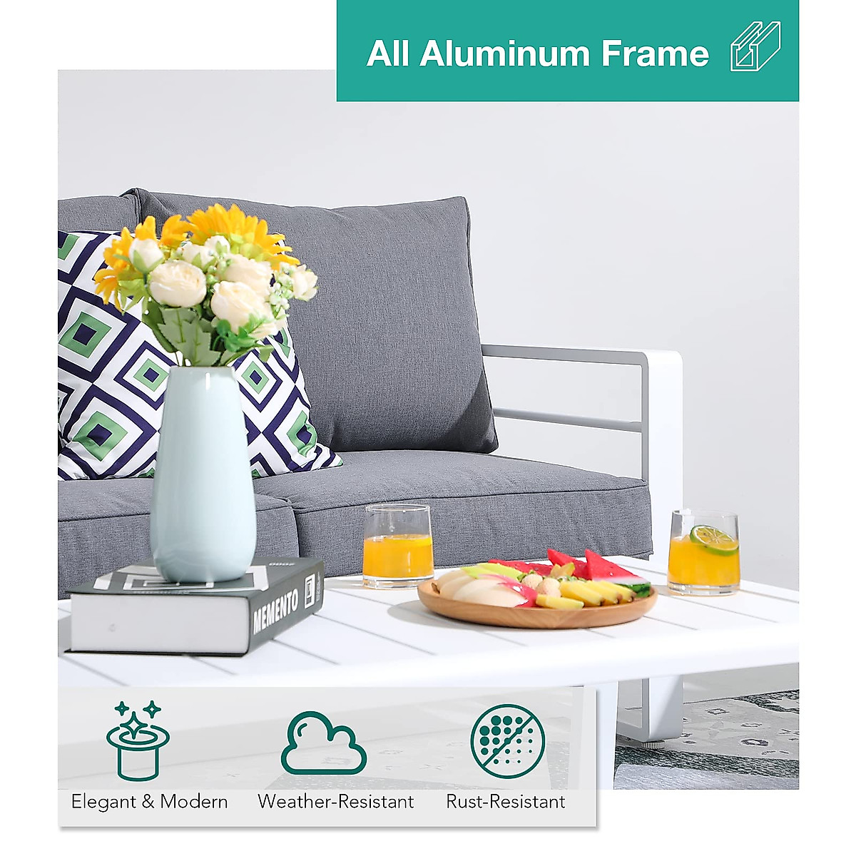 Patiorama Aluminum Patio Furniture Set, 5 PCS Modern Patio Conversation Set, All Weather White Outdoor Sectional Sofa Set w/Coffee Table, Patio Seating Set, Olefin Cushion, Garden-Grey Cushion