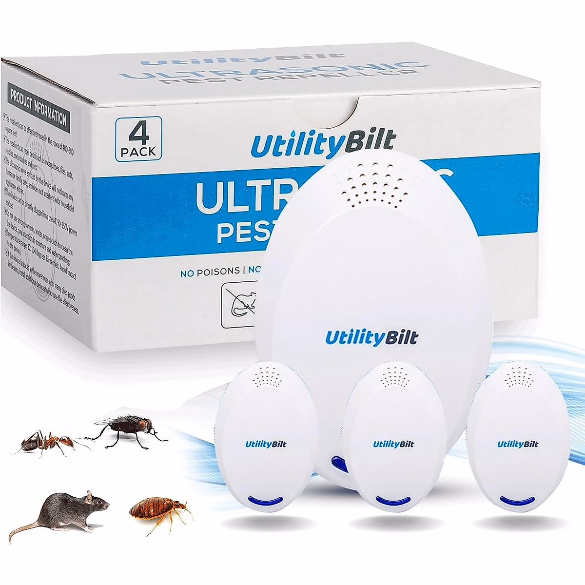 UtilityBilt Ultrasonic Pest Repeller indoor 4 Pack Pest Repellent Ultrasonic Plug in for Home and Kitchen | Mouse Repellent | Eco-Friendly Safe for Humans, Bug Repellent for Pest Control, mice, Spider