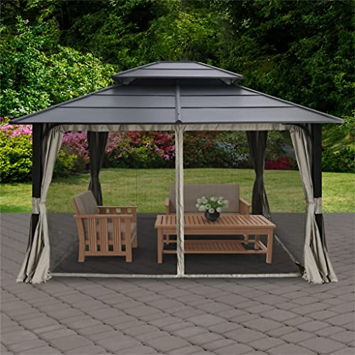 LHLLHL 12 Ft. W X 14 Ft. D Metal Black 2-Tier Double Roof Patio Gazebo with Curtains and Netting (Color : D, Size : 12 Ft. W X 14 Ft)