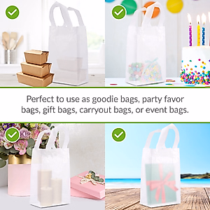 Prime Line Packaging Clear Gift Bags with Handles, Frosted Plastic Shopping Tote for Girls, Small Business, Boutiques, Retail, Bulk, 6x3x9 100 Pack