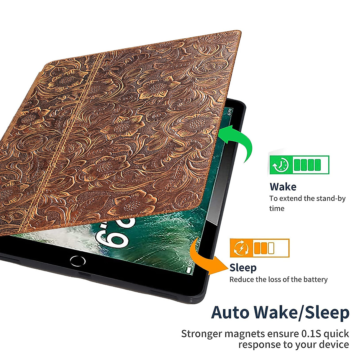 Gexmil Case for iPad Pro 12.9 Inch,2nd/1st Generation(2017/2015) Genuine Leather Cover with Pencil Holder,Cowhide Folio Cover Auto Sleep/Wake,Anti-Fingerprint,Flower Brown