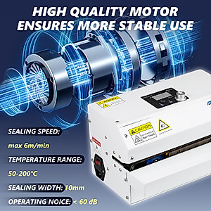 Frifreego Commercial Grade Heat Sealer Automatic Continuous Heat Bag Sealing Machine, Temp&Speed Adjustable, Heavy Duty Horizontal Bag Sealing Machine for Kinds of Plastic Packing Bags, Desktop White