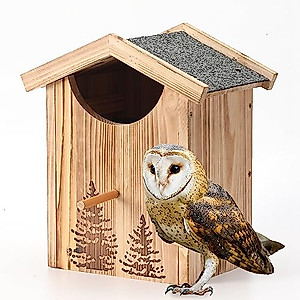 Owl House Barn Owl Box Screech Owl House with Bird Stand Great Horned Owl Box Bird Houses for Outside Large Handmade Wooden Rectangular Opening Bird Box,with Mounting Screws, Easy Assembly