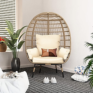 UPHA Outdoor Oversized Egg Chair,Indoor Patio Large Wicker Lounge Chair with Steel Frame and Cushions for Outside,Backyard(Beige Rattan,Beige)