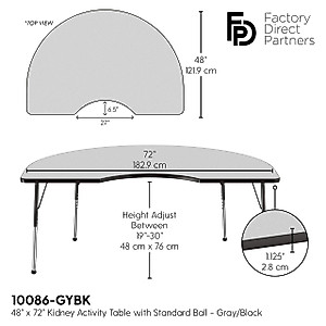 Factory Direct Partners 10087-GYGN Kidney Activity School and Office Table (48" x 72"), Standard Legs with Ball Glides, Adjustable Height 19-30" - Gray Top and Black Edge