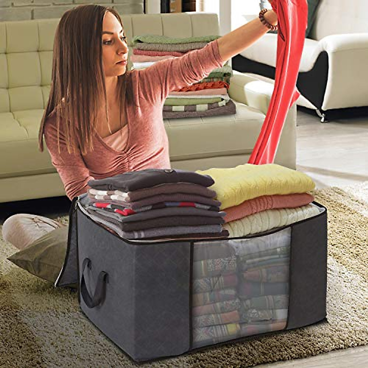 Large Storage Bags,Foldable Organizers Closet with Reinforced Handle Thick Fabric for Comforters,Clothes,Bedding，Blankets,with Double Sturdy Zipper, Clear Window,90L,Grey - 4Pack