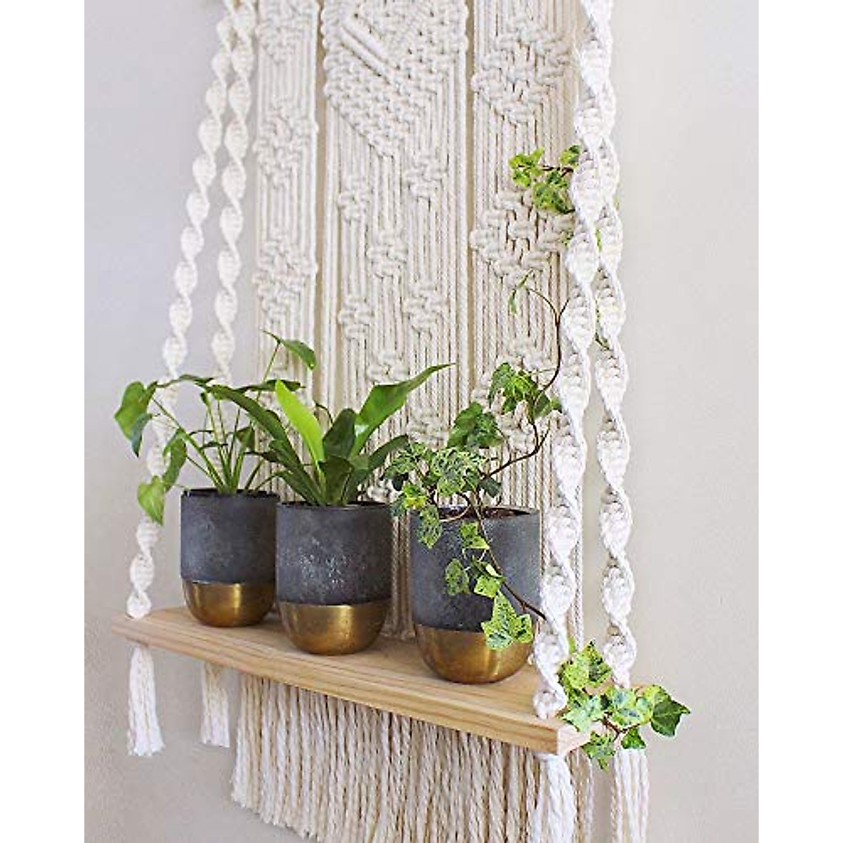 AMIAEDU Macrame Wall Hanging Shelf, Handmade Indoor Boho Rope Plant Pot Basket Hanger Holder, Rope Plant Hanger for Wall Decor (White)