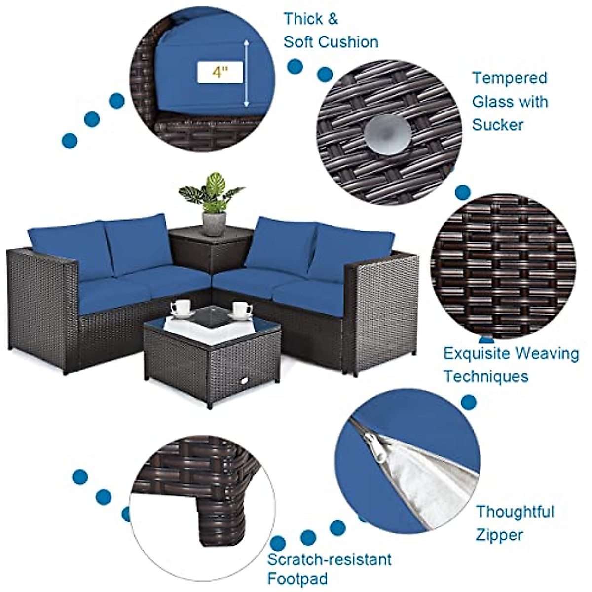 Tangkula 5-Piece Patio Furniture Set with 42 Inches Propane Fire Pit Table, Outdoor Wicker Conversation Set with Cushions, Storage Box and Coffee Table, 60,000 BTU Propane Fire Pit Table (Navy)