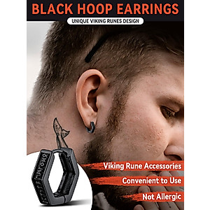 Vintage Rune Hoop Earrings for Male Black Punk Norse Vikings Stuff Amulet