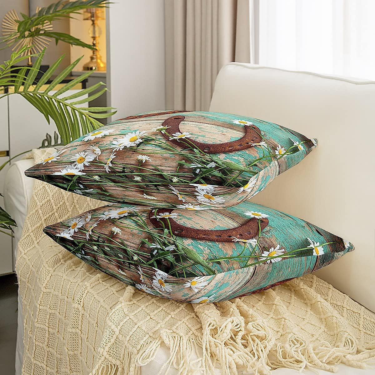 Castle Fairy Horseshoe Reversible Print Pillow Cover 18"x18" for Bed or Sofa,Rustic Vintage Wooden Board Pack of 2 Cushion Cover,White Daisy Flower Single Pack Couch Pillow Cover