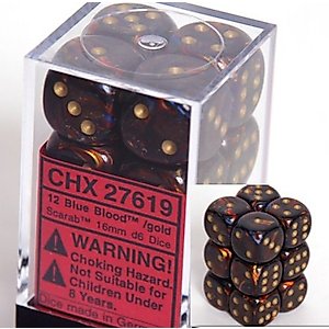 Chessex Scarab 16mm d6 Blue Blood w/Gold Dice Block (12) Dice - 27619