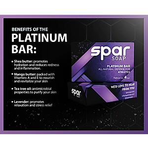 Spar Soap Platinum Bar, Natural Tea Tree 4oz Soap Bar (3-Pack), Antifungal Properties, For BJJ, MMA, Wrestlers, Grapplers, Men/Women, USA Made Body Soap, For Body Odor, With Lavender, Cassia, Clove
