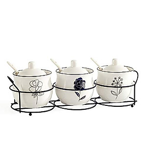 Ceramic Spice & sugar Jars, with Lids Spoons and Shelf,Porcelain Condiment Kitchen Jar Spice Container Set, 230 ML,3 Pcs