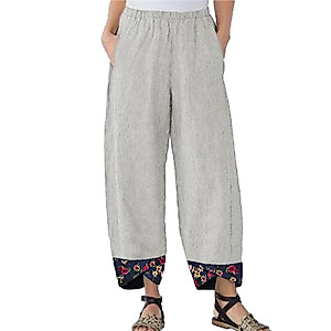 Maiyifu-GJ Women's Printed Linen Wide Leg Pants Summer Elastic Waist Beach Harem Trousers Lightweight Cropped Bottoms Pants (Light Grey,4X-Large)