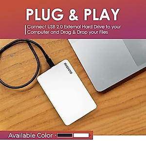 SUHSAI Portable 1TB External Hard Drive, HDD Backup Storage with USB 2.0 Fast Data Transfer, Ultra Slim & Light Hard Disk 2.5” Compatible with PC, Mac, Window, Laptop, and Desktop (White)