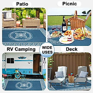 OutdoorLines Outdoor Reversible Rugs for Patio 9x12 ft - Plastic Area Rug, Stain & UV Resistant Portable RV Carpet, Plastic Straw Mats for Porch Deck and Camping Quatrefoil/Grayish Blue & White