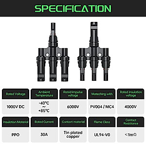 Bateria Power Solar Branch Connectors, Y Connector in Pair for Parallel Connection Between Solar Panels (T3 Y Connector)