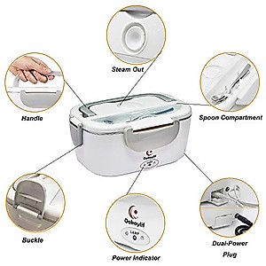 Electric Lunch Box Food Warmer,Oakaylif 2 IN 1 Portable Heated Lunch Boxes for Truck/Home/Office 110V&12V 55W with 2 Compartments,1.5L 304 Stainless Steel Container,SS Fork & Spoon and Insulation Bag