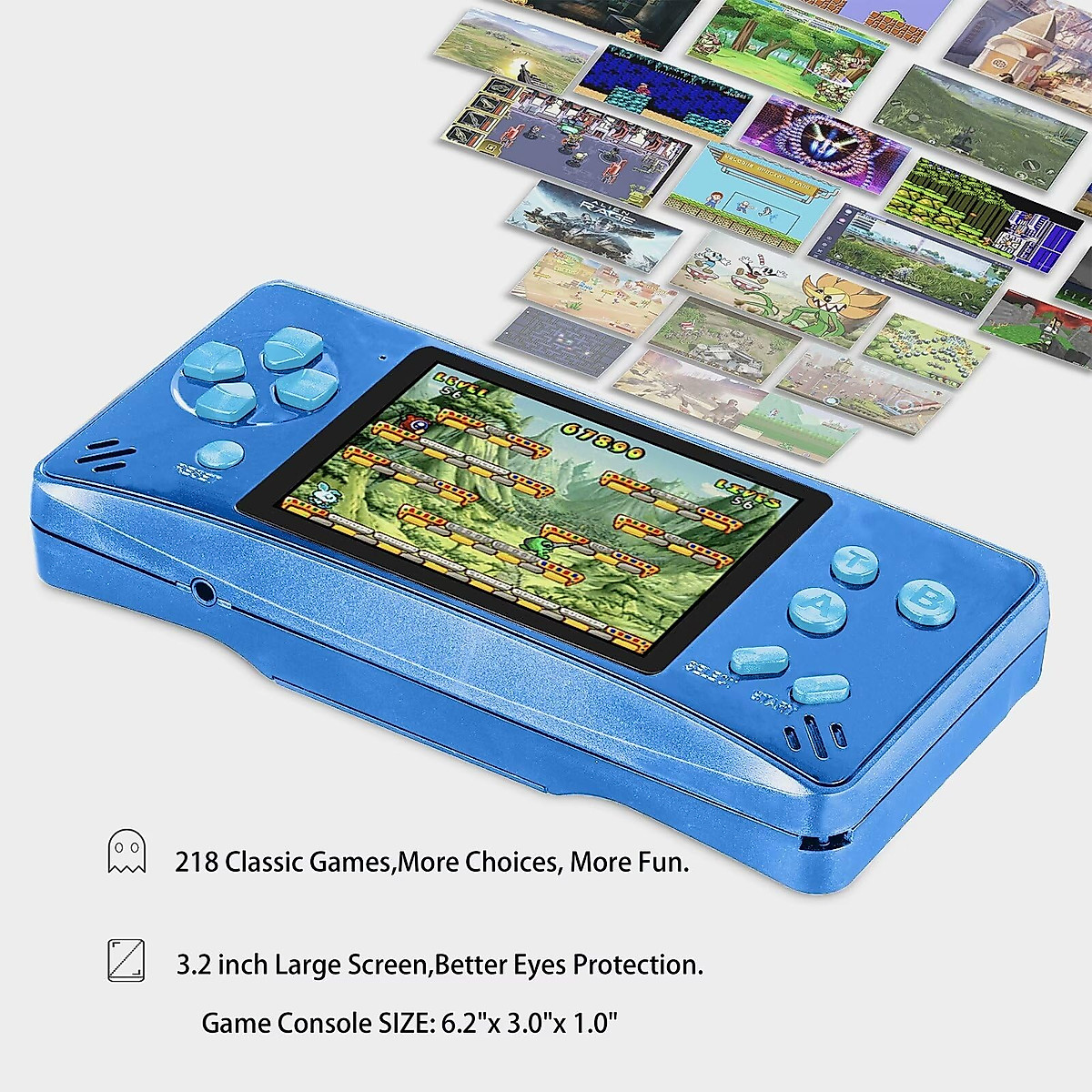 3.2" Large Screen Electronic Handheld Games for Kids Built-in 218 Classic Retro Video Games USB Rechargeable Arcade Gaming Player System Best Road Trip Partner for Boys 4-12（Blue）