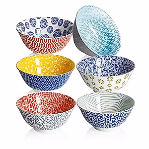 Amazingware Porcelain Salad Bowls - 18 Ounce for Cereal, Soup, Salad and Pasta, Bowl Set of 6, Assorted Designs