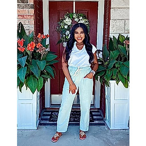 Lianlive Linen Pants Women Black White Cotton Pull On Drawstring Summer Beach Pants for Women 2024 (SageGreen-XL)