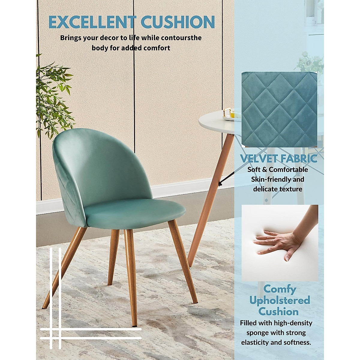 FurnitureR Dining Chairs Set of 2, Velvet Upholstered Kitchen Chairs Modern Dining Room Side Chairs with Soft Seat/Metal Legs, Accent Chairs for Home Restaurant, Aqua, Oak Leg