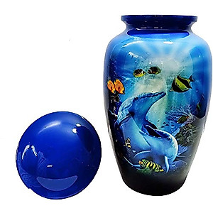 HLC URNS Dolphin Ocean Blue Cremation Urn for Human Ashes - Adult Funeral Urn Handcrafted - Affordable Urn for Ashes (Adult (200 lbs) – 10.5 x 6 “, Cremation Urn)